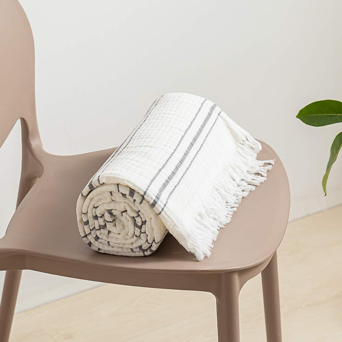 Simple&Opulence Yarn Dyed Striped Cotton Muslin Throw Blanket for Bed, Couch, Knit Woven Blanket with Tassels Soft Lightweight Cozy Pre-Washed Breathable Farmhouse Decoration for All-Season(Grey)