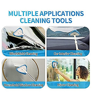 BITOPE Windshield Cleaning Tool, Car Window Cleaning Windshield Cleaner with Extendable Long Handle and 3pcs Washable Reusable Microfiber Pads, Car,Office, Auto Inside Glass Wiper Kit