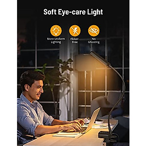 TROND Clamp Desk Lamp, Eye-Care Desk Light with USB Charging Port, 5 Color Modes 5 Level Brightness, 30-Minute Auto Timer Flexible Gooseneck Task Lamp for Sewing Reading Drawing Crafting, 11W, Black