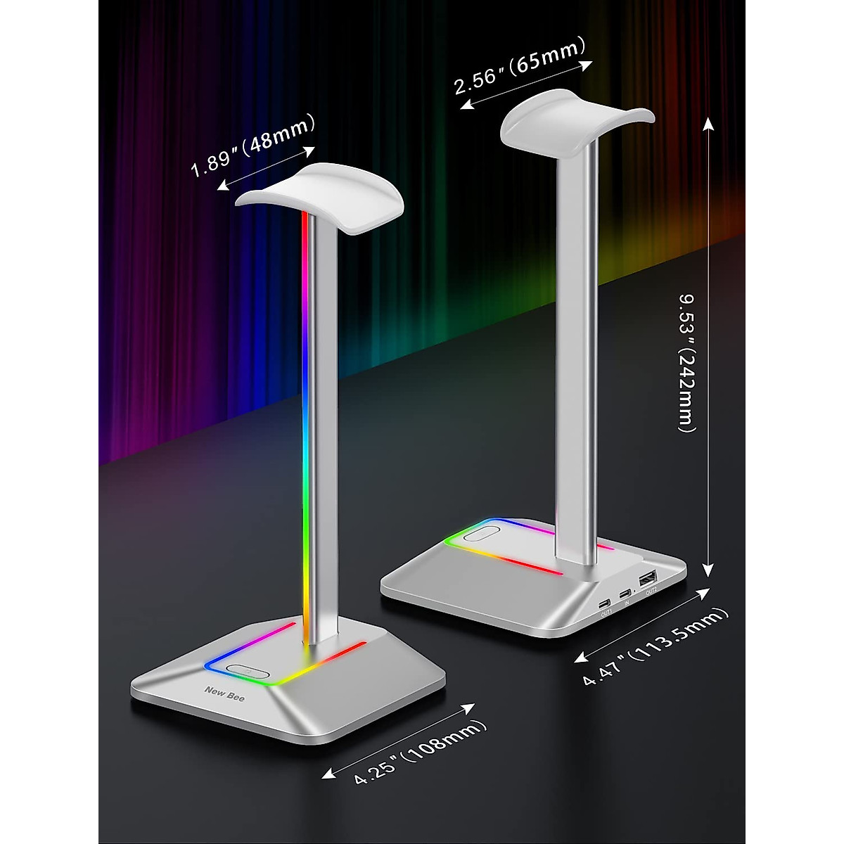 New bee RGB Headphone Stand with 1 USB-C Charging Port and 1 USB Charging Port, Desk Gaming Headset Stand with 7 Light Modes and Non-Slip Rubber Base Suitable for All Earphone Accessories (Silver)