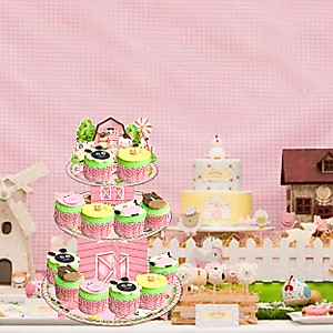 Pink Farm Animals Cupcake Stand 3 Tiers Farm Birthday Party Tower Barnyard Party Stand Holder Farm Animals Party Decorations for Farmhouse Baby Shower Supplies