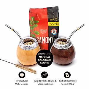 BALIBETOV Set of 2 Yerba Mate Gourd and 1 Pack of 100gr - 3.5OZ of Yerba Mate - Yerba Mate Cup Argentina - 2 Mate Cup, 2 Bombilla, 1 Cleaning Brush, 1 Loose Leaf Yerba Mate bag (DARK BROWN - NATURAL)