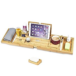 Bathtub Tray Expandable Caddy Foldable Bamboo Bath Organizer with Free Soap Holder Organize Bathroom Accessories