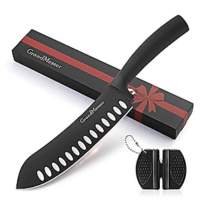 GrandMesser Butcher Breaking Knife, 7 inch Bullnose Knife, Black Titanium Nitride Coated, High Carbon German Stainless Steel Meat Knife, Ergonomic Non-slip Handle, Gift Box, Knife Sharpener