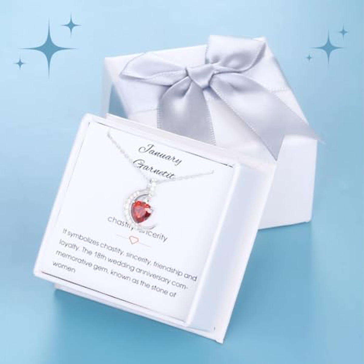 Qings Garnet January Birthstone Necklace - Red Heart Necklaces Crescent Moon S925 Family Birthstones Jewelry for Women Daughter