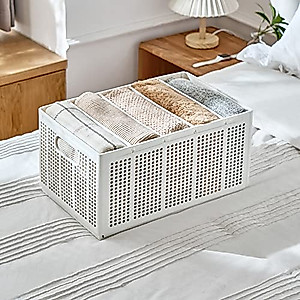 UNZIPE 2 Pack Closet Storage Bins with Handle, Plastic Storage Baskets Organizer Clothes Organizer for folded Clothes Closet Containers for Shelf, Large