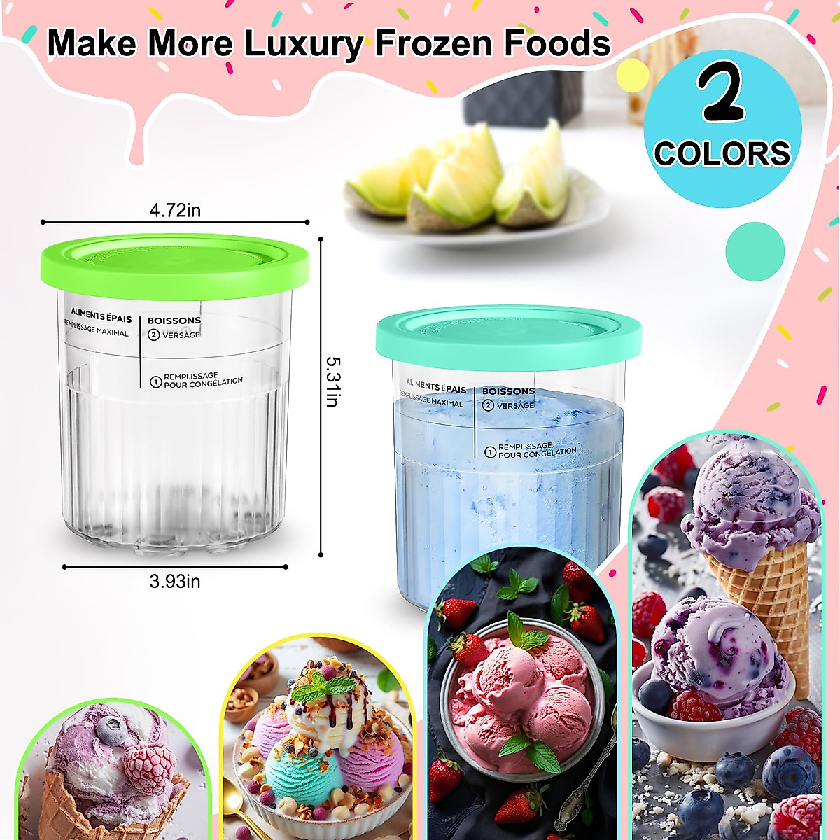 Containers Replacement for Ninja Creami Pints and Lids, 16oz Ice Cream Cups Compatible with Ninja Creami NC500 NC501 Series Ice Cream Maker, for Creami Ninja Ice Cream with Insulated Sleeves(2 Pack)