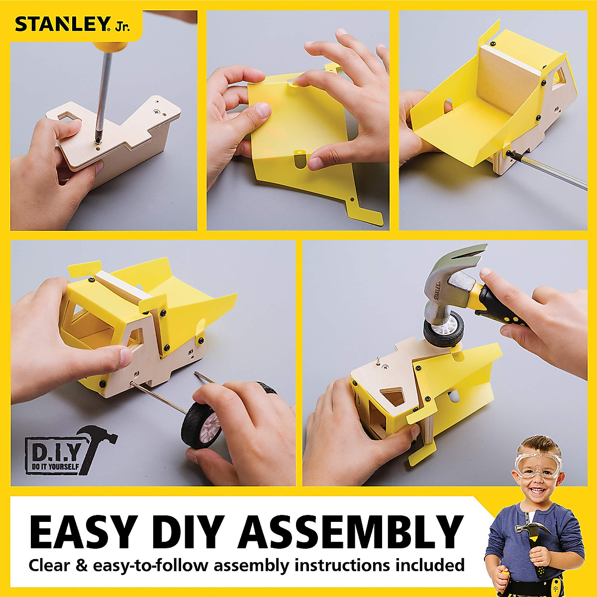 Stanley Jr. DIY Dump Truck Kit for Kids - Easy to Assemble Model Truck Kit - Yellow Dump Truck Model Set - Wood Dump Truck Craft - Paint & Decals Included