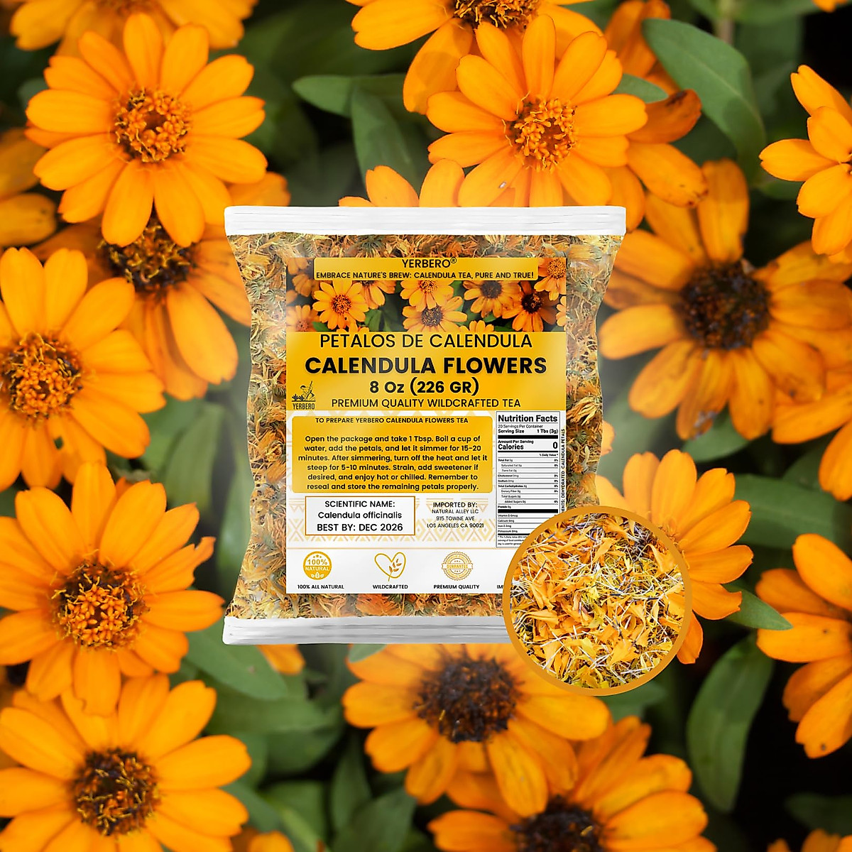 Yerbero - Calendula Flowers Loose Herbal Tea 2oz (56g) | Marigold Flowers | Flores De Calendula | For Brewing Calendula Tea, Culinary Creations, and Natural Edible Purposes | Crafted By Nature100% All Natural Fresh Tea | Non-GMO.