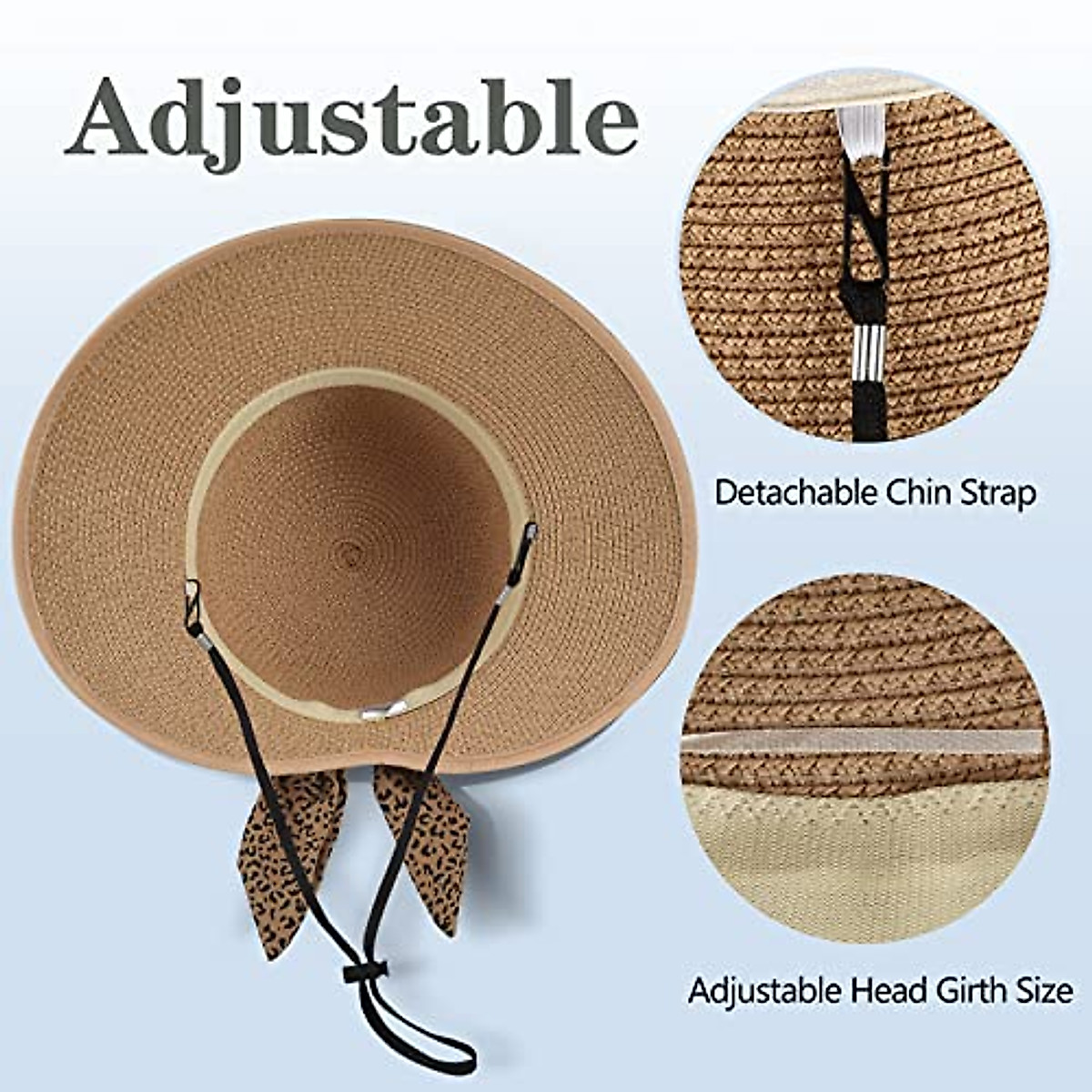 Straw Sun Hat for Women Summer Beach Wide Brim UV Protection Hats with Chin Strap Leopard Khaki Floppy Foldable Packable Ladies Fashion Cute Travel UPF 50 Cap sombreros de playa para mujer para el sol