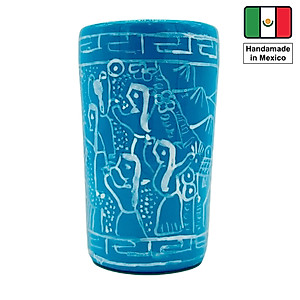 Casa Fiesta Designs Colorful Mexican Shot Glasses, Hand-painted in Mexico - Great for Tequila, Mezcal and Sangrita, 2 oz - Tequilero Historias (Pack of 2) (Turquoise)