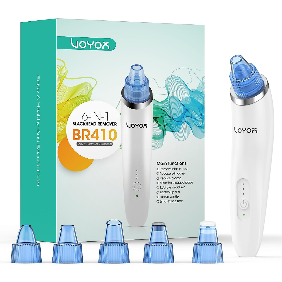 VOYOR Blackhead Remover Pore Vacuum - Electric Face Vacuum Pore Cleaner Acne White Heads Removal with 6 Suction Heads (BR410)