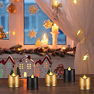 24 Packs Flameless Glitter Candles LED Votive Tealights Battery Operated Tea Lights Warm Yellow Light Holder for Anniversary Wedding New Year Christmas Centerpiece Table Outdoor Decor (Gold, Black)