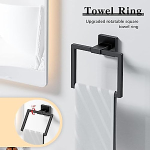 Matte Black Bathroom Hardware Accessories Set 5-Piece Towel Bar Set with Rotatable Square Towel Ring,Bath Towel Holder Set SUS304 Stainless Steel Wall-Mounted,16 Inch