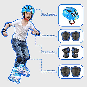 Besmall Kids Helmet Protective Gear Set, Child Ages 3-7 Cycling Adjustable Helmet Safety Pads Set for Boys Girls Roller Skateboard Bicycle Blue （Helmet + 2 Knee + 2 Elbow Pads + 2 Wrist Guards）