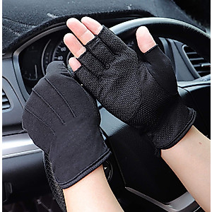 Bienvenu Mens Summer UV Protection Half Finger Outdoor Hiking Driving Cycling Riding Cotton Sunblock Gloves, Black