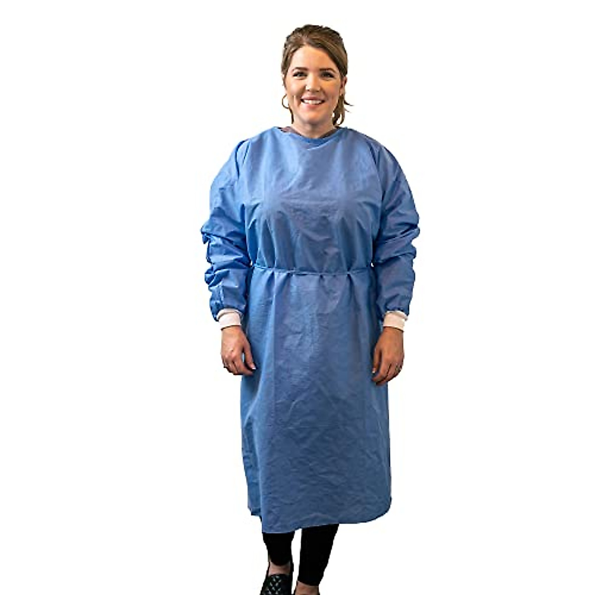 200-Pack Level 2 Disposable Isolation Gown Baluster Fully Closed Double Tie Neck and Waist, SMS 35g, Knitted Cuffs, Fluid Resistant, Blue, Unisex