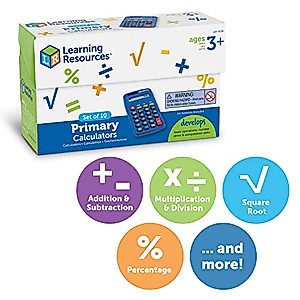 Learning Resources Primary Calculator - 10 Pieces, Ages 3+ Basic Solar Powered Calculators, Teacher Set of 10 Calculators, School Supplies