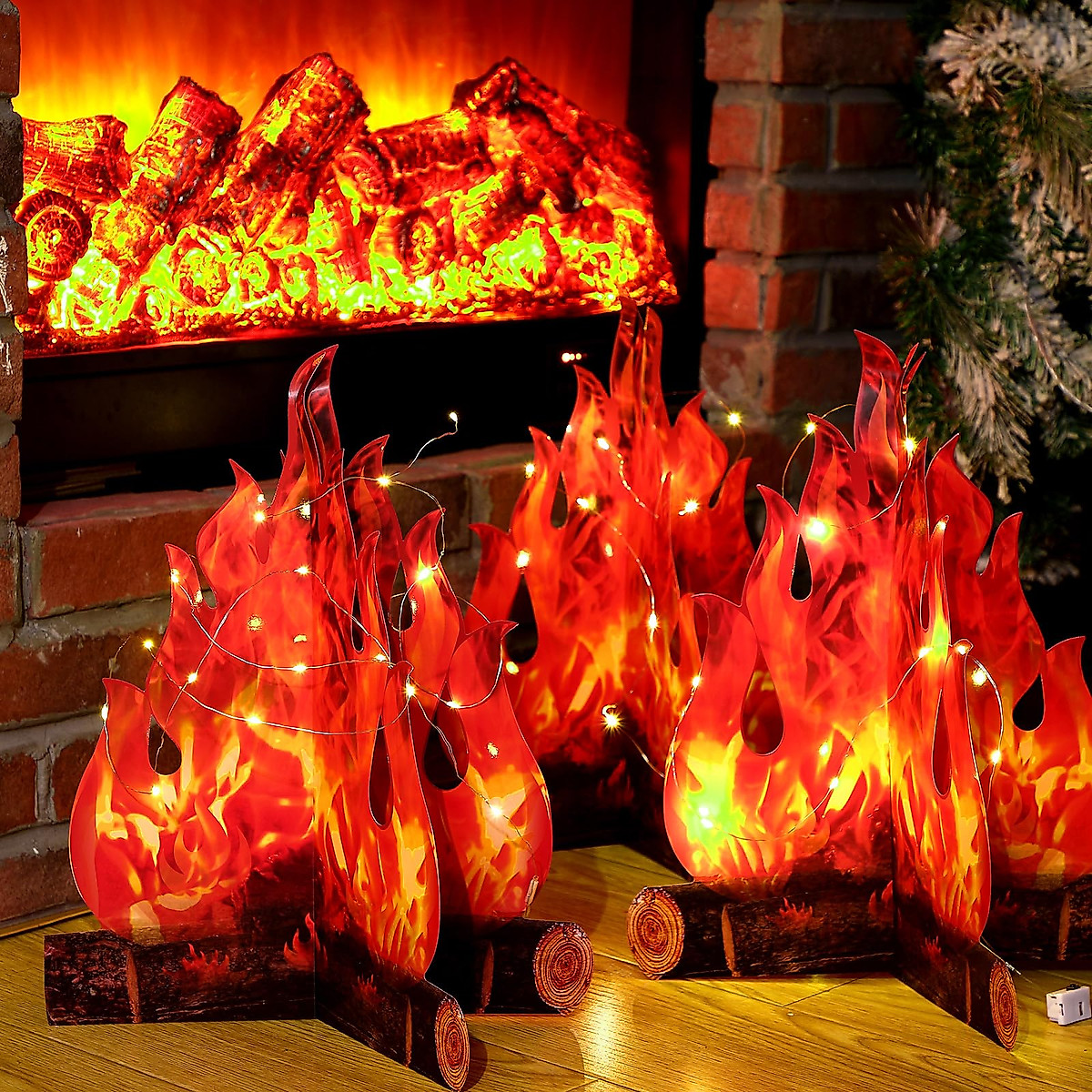 Boao 6 Sets Large Fake Fire 16" x 13" 3D Cardboard Campfire Big Fake Flame Artificial Paper Fire Torch Centerpiece for Camping Party Decorations Supplies (Dark Color)