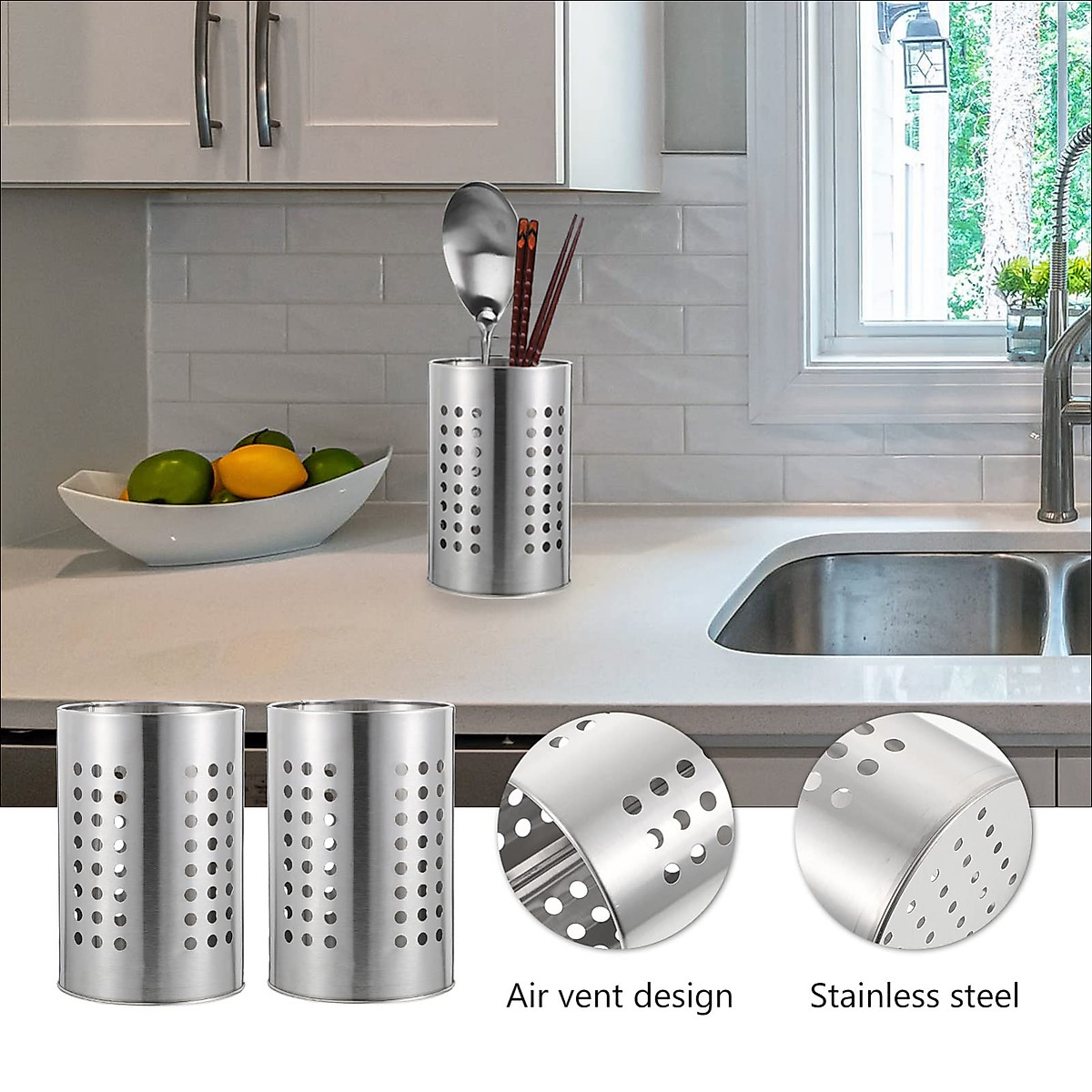 DOITOOL 2PCS Stainless Steel Kitchen Utensil Holders for Countertop Spoon Holder Silverware , Chopsticks Holder Spoon and Fork Holder for Restaurant (12 X 12 X 18CM)