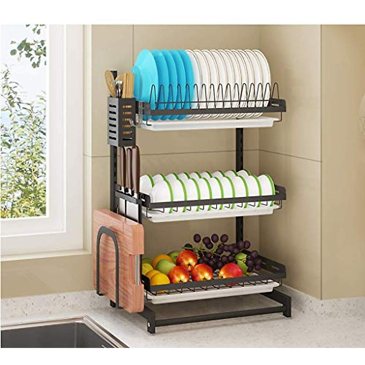 FEHUN Sinks,3-Layer 201 Stainless Steel Rust-Proof Coated Kitchen Countertop Dish Rack Drain Rack