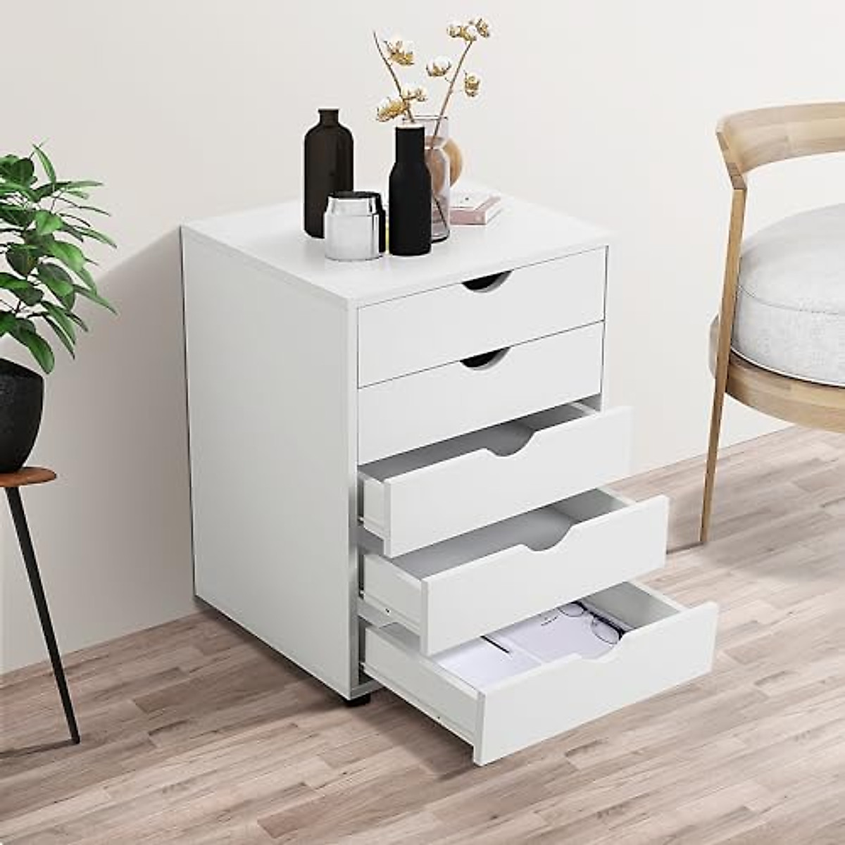 NEWBULIG 5 Drawer Storage Organizer, Wood File Cabinets with Wheels, Large Printer Stand for Home Office Study Dressing Room