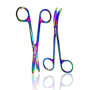 Cynamed Set of 2 Suture Stitch Scissors with Multicolor/Rainbow Titanium Coating - Premium Quality Instrument- Delicate Hook - Perfect for Suture Removal, First Aid, EMS Training (Straight and Curved)