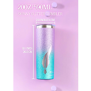 Onebttl Writer Gifts for Women - 20oz/590ml Skinny Glitter Stainless Steel Insulated Tumbler with Straw - Graduation/Birthday/Christmas Gift for Writers, Novelist, Scriptwriter- Feather Pen