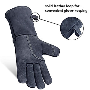 OZERO 932°F Heat Resistant Forge Welding Gloves 14 inches Cowhide Leather - Long Sleeve and Insulated Lining Grill Glove for Tig Welder/Mig/Barbecue/Stove Gray