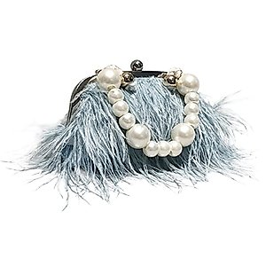 Vintage Fluffy Ostrich Feather Evening bags and Clutches for Women Pearl Chain Tote bags Bridal Purses Wedding Party Blue