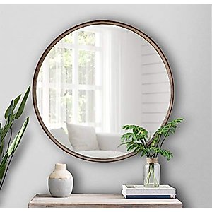 HBCY Creations Large Round Mirror, 27.5 inch Brushed Bronze Wall Mirror with Handcrafted Oil Rubbed Frame, Metal Framed Decorative Hanging Mirror for Both Rustic and Boho Design and Decor