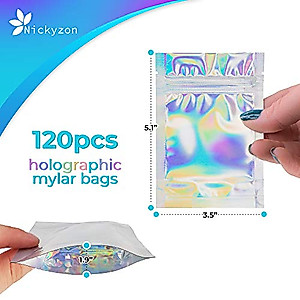 120 pcs Holographic Mylar Resealable Bags for Packaging - 3.5x5.1" Edible Smell Proof Ziplock Baggies for Party Favor Food Storage - 3.5g Small Sealable Foil Pouch for Candy, Lip Gloss, Lash, Jewelry