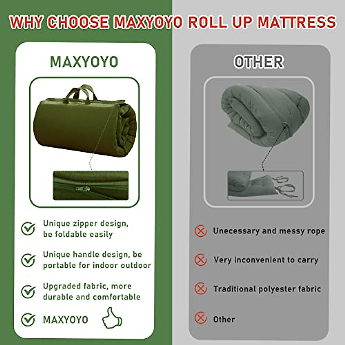 MAXYOYO Roll Up Mattress Sleeping Mat, Floor Futon for Outdoor Indoor, Upgraded Portable and Foldable Mattress, Green Twin, 75x36 Inch