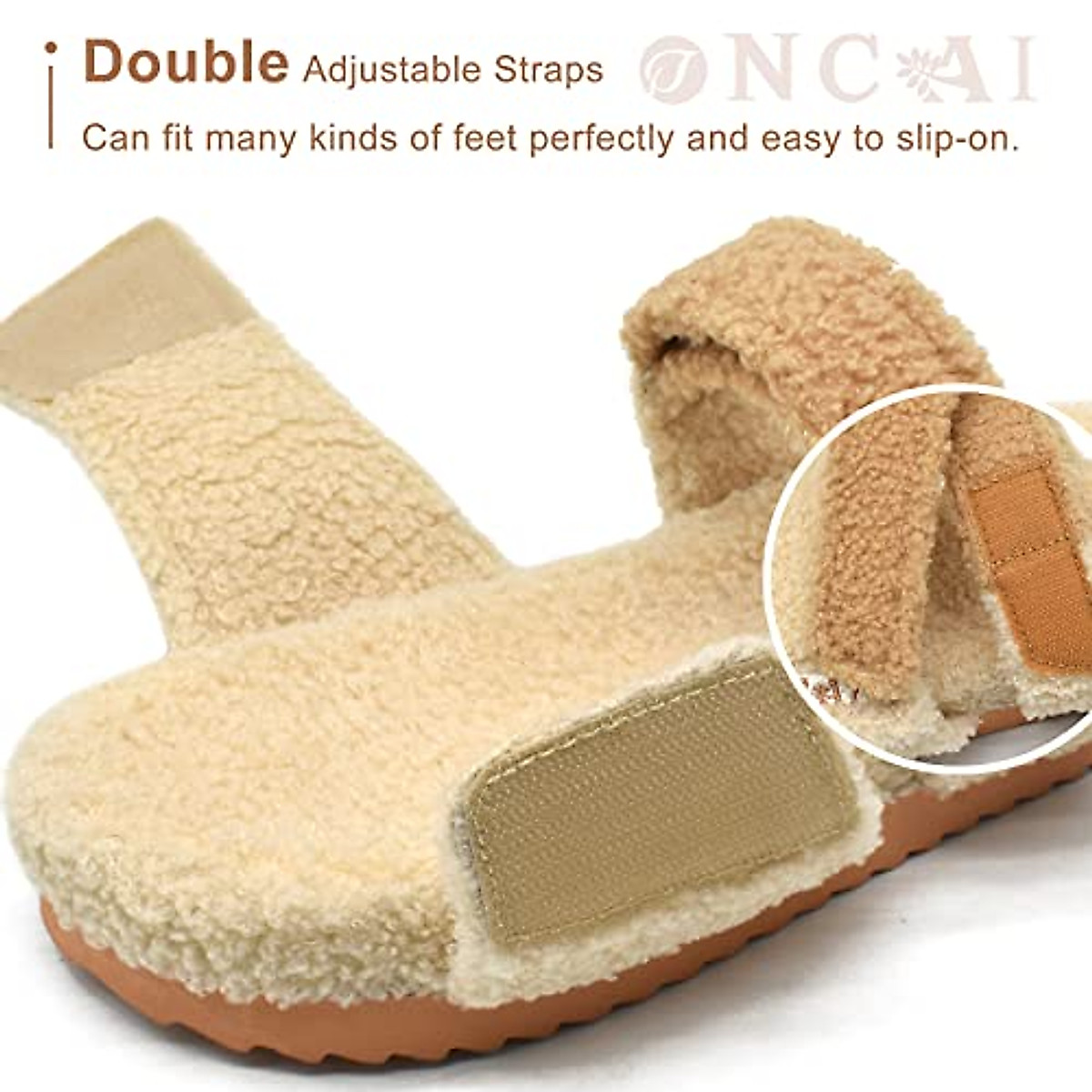 ONCAI Womens Open Toe Platform Slippers,Fluffy Arch Support Sherpa Slides,Faux Fur Sandals with Memory Foam Footbed and Adjustable Strap Beige US Size 9