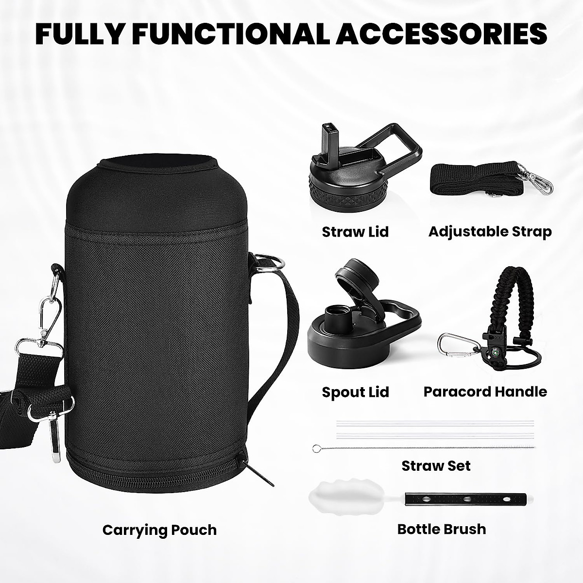 RAYMYLO Insulated Water Bottle 64 oz, Triple Wall Vacuum Stainless Steel (Cold for 48 Hrs), Leak Proof & Non-BPA, Half Gallon Water Flask Jug with Paracord Handle & Straw Spout Lids, Magic Black