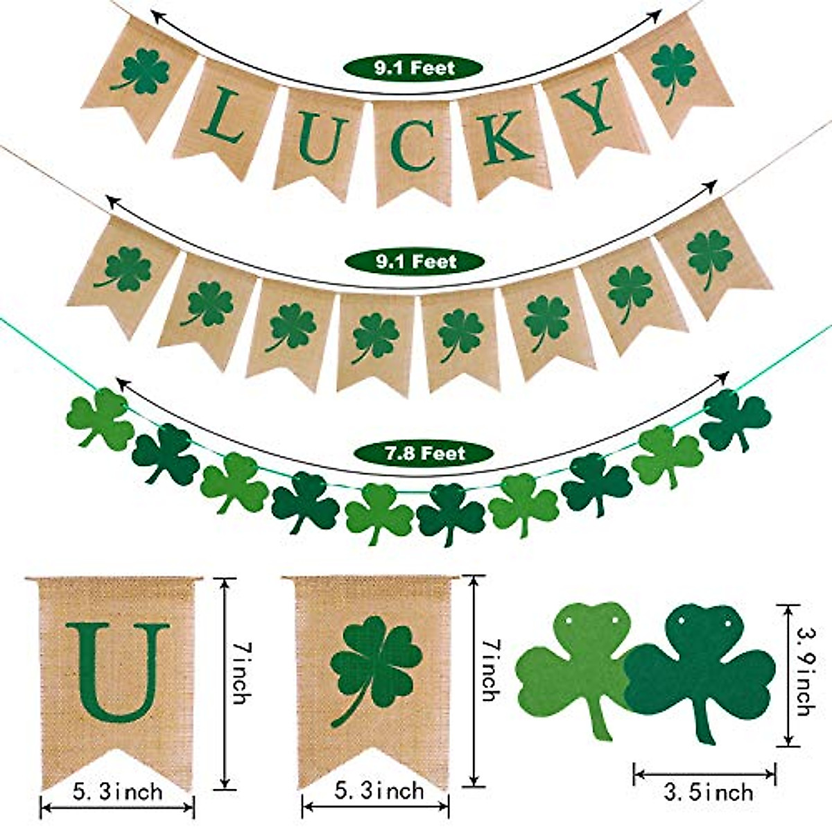 3 Pieces St. Patrick's Day Banner Shamrock Garland Lucky Banner Burlap Irish Garland Green Four Leaf Banner and Felt Shamrock Clover Banner Flags for Saint Patrick's Day Party Decor