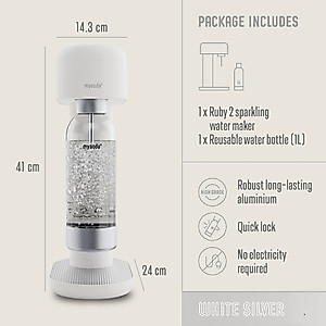 Mysoda Ruby 2 Sparkling Water Maker - Silent Carbonated Water Machine Made of Robust Long-Lasting Aluminium & 1L Water Bottle - Without CO2 Cylinder - Colour White