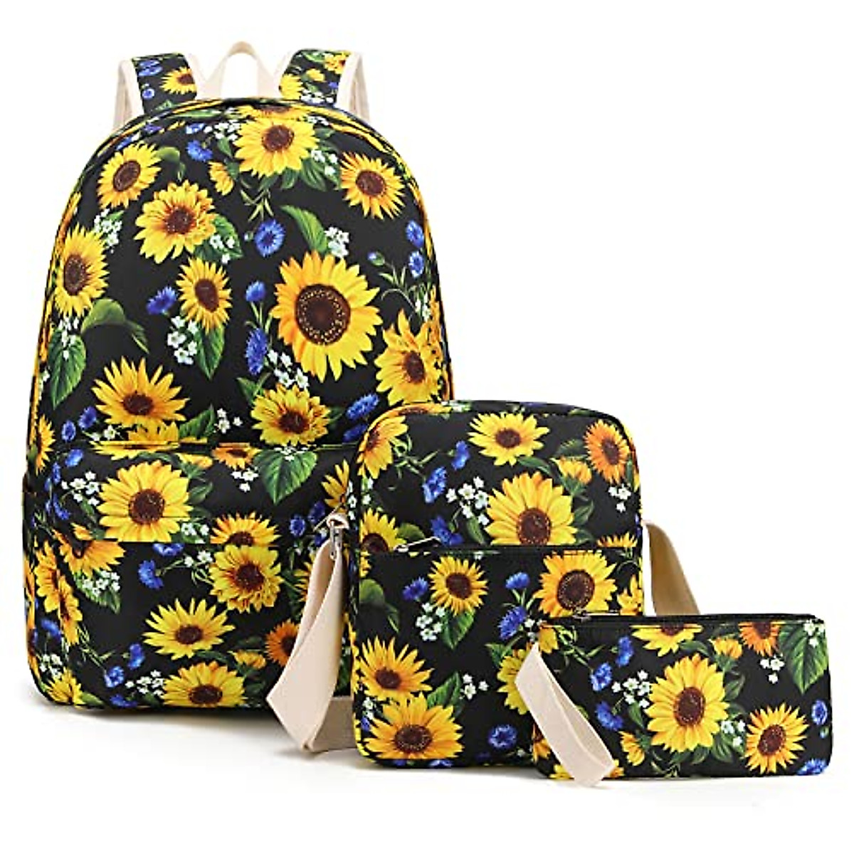 EZYCOK Laptop Backpack for Women, Water Resistant College Bookbag Casual Daypack with Sling Bag and Pencil Case, Sunflower