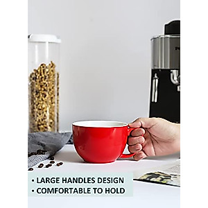 Cappuccino Cups, Red Porcelain Jumbo Coffee Mug Set of 4 Christmas Gift - 16 Ounce Cups with Handle for Hot or Cold Drinks like Cocoa, Milk, Tea or Water - Smooth Ceramic