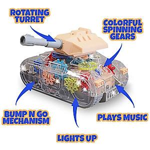 ArtCreativity Light Up Transparent Gear Tank Toy for Kids, Bump and Go Army Toy Tank with Colorful Moving Gears, Music, and LEDs, Fun Educational Army Tanks Toys for Boys, Great Toddler Light Up Toy