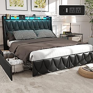 RVONOW Queen Size Bed Frame with 4 Storage Drawers, PU Leather Upholstered Bed Frame Platform with Charging Station & Storage Headboard, All Metal Slats Support, No Box Spring Needed/Noise Free/Black