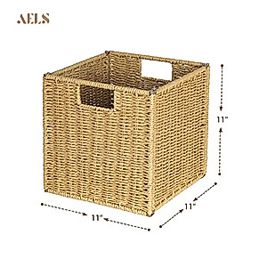 AELS Woven Baskets for Storage, Natural Hand-woven Storage Baskets for Organizing, Cubby Cubes Storage Bins for Shelves, 11" Modern Farmhouse Square Storage Cubes with Handles, Natural, 2 Pack