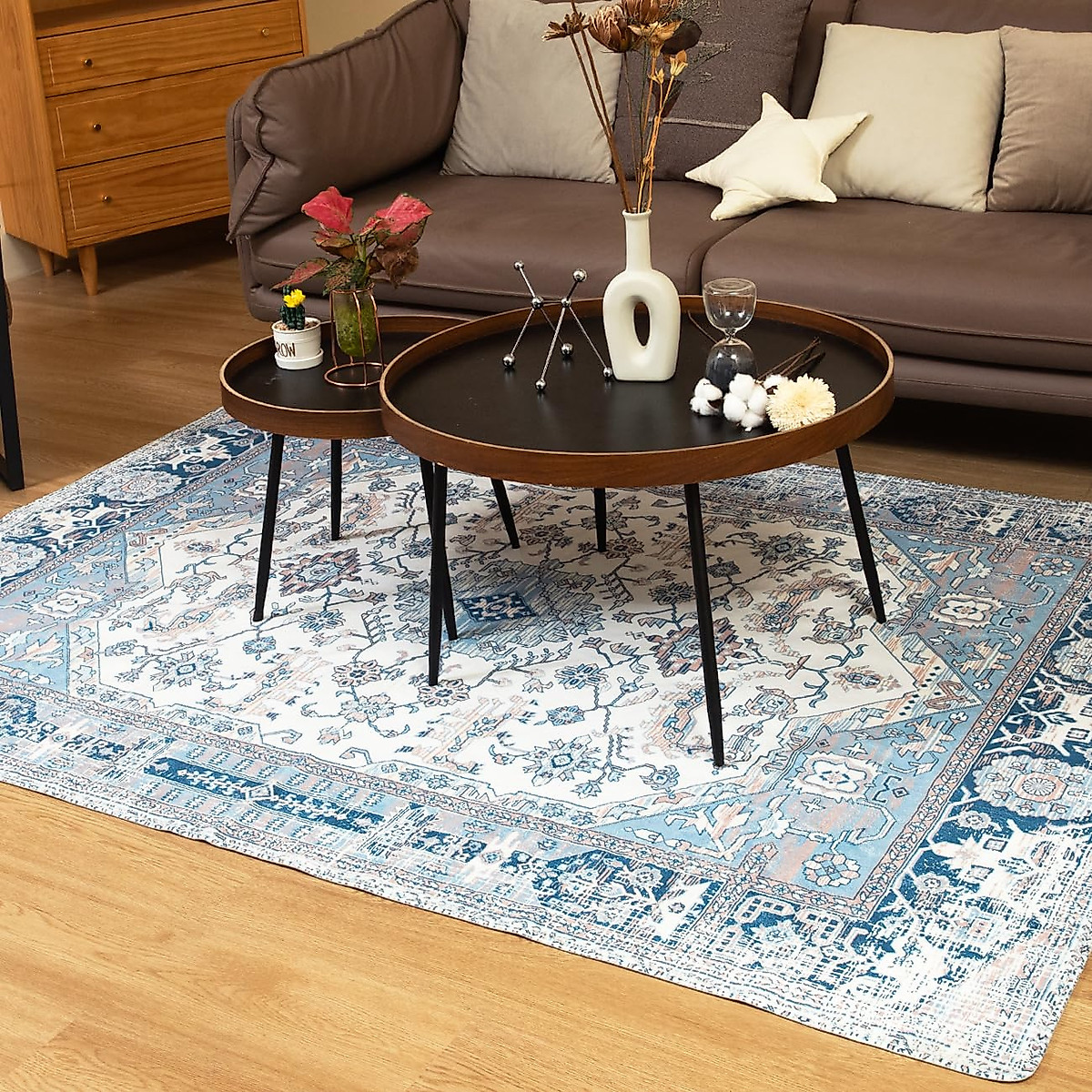 Area Rug 5x7 Washable Boho Vintage Rug with Non Slip Backing Soft Low-Pile Carpet Foldable Mat for Living Room Bedroom Dining Office, Light Blue/White