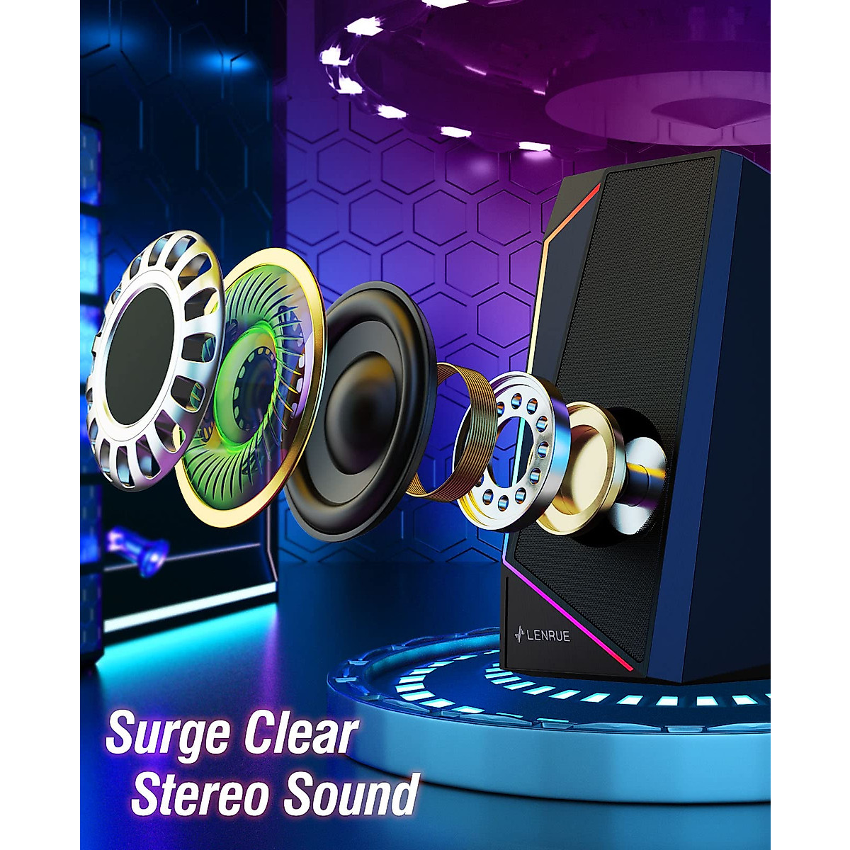 LENRUE Computer Speakers, USB/USB-C Powered PC Speakers with Loud Stereo Sound, Headphone-in for Desktop, iMac, MacBook, Laptop, Monitor (USB-C to USB Adapter Included)