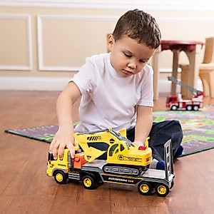 TOYTHRILL Tow Truck with Excavator Toy for Boys 2+ Year Old, Construction Truck Toy with Excavator, Semi Truck with Lights and Sounds, Flatbed Truck Toy Push and Go Construction Vehicle for Kids