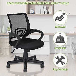 Geniqua Ergonomic Mid Back Support Mesh Computer Task Chair Adjustable Height Rolling Swivel for Work, Home Office, Black
