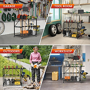 Keeswin Garden Tool Organizer with Wheels, 3 Tier Large Garage Tool Storage Organizer,Up to 50 Long-Handled Tools, 4 Drills Holder with 10 Hooks, 10 for Screwdrivers, Large (31.5''D x 25" W x 16" H)