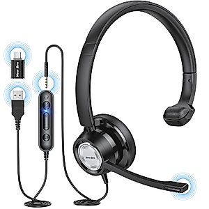New bee USB Headset with Microphone for PC Computer Headset, Single Ear Headset Noise Cancelling Mic, Call Center Wired Headset with 3.5mm/USB/Type C for Skype Zoom Tablet Laptop (Black)