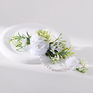 Yumikoo Rose Flower Wrist Corsage Bracelets - Prom Wedding Handmade Pearl White Corsage for Women