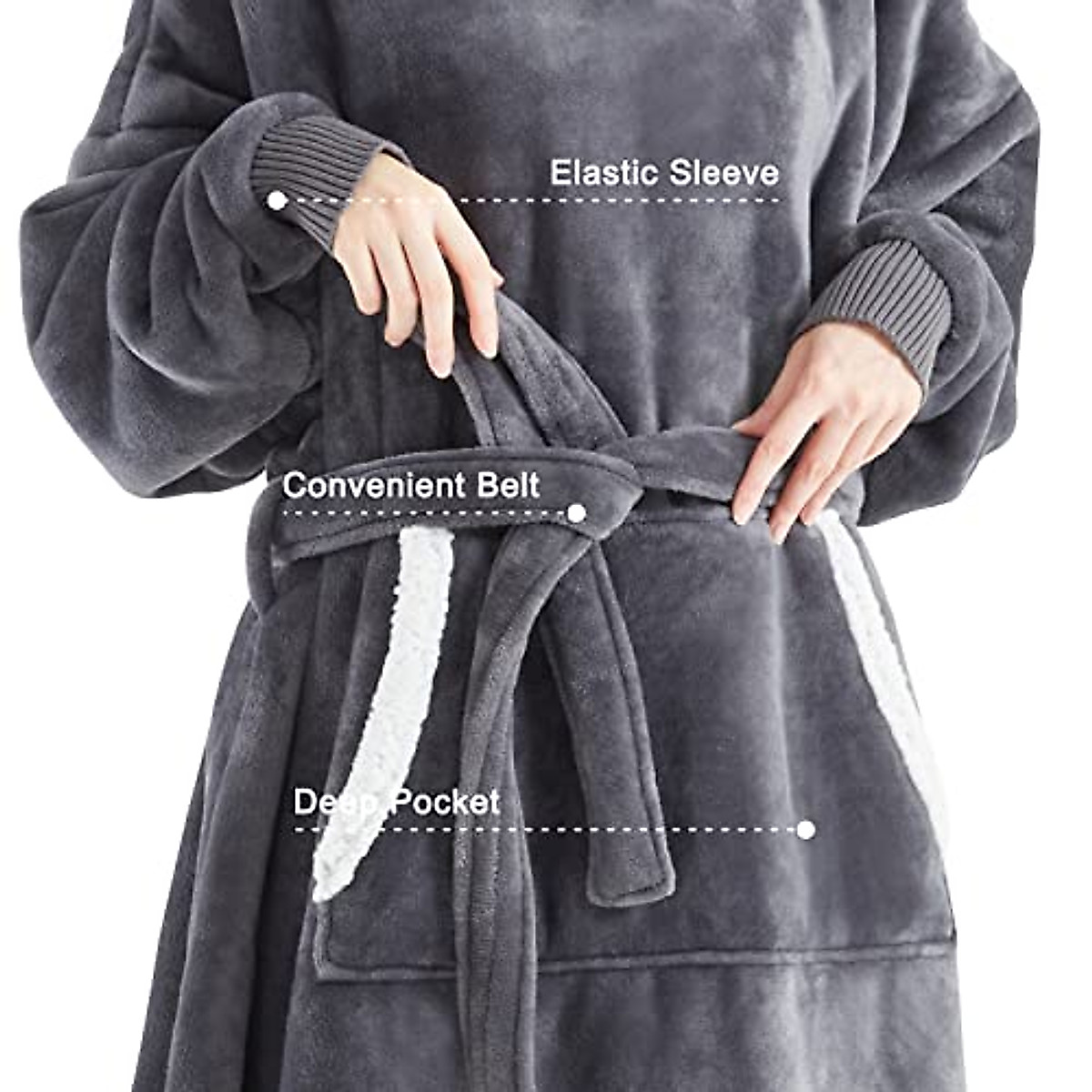 Touchat Wearable Blanket Hoodie, Flannel Sherpa Fleece Hooded Blanket, Oversized Hoodie for Adults Women Men, Sweatshirt Blanket with Hood, Pocket & Sleeves,Gifts for Wife,Mom,One Size Fits All（Grey）